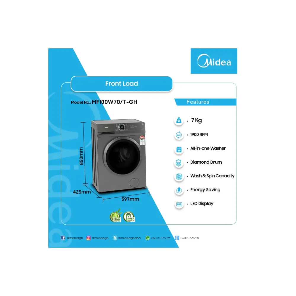 Midea 7kg Front Loader Washing Machine Silver MF100W70/T | Bargains